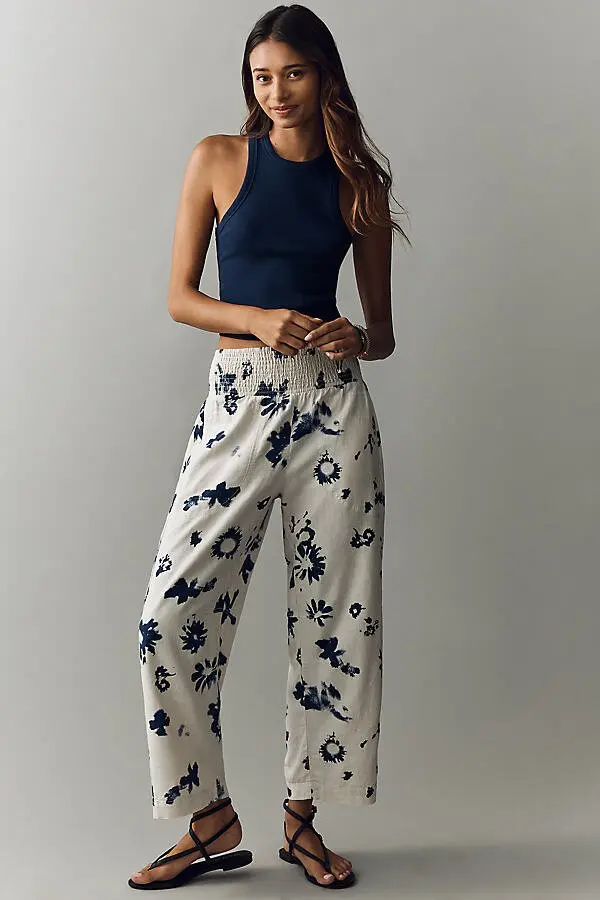 PILCRO Reese Smocked Pull-on Barrel-leg Pants - Ivory Pattern