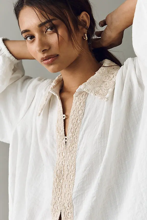 MARE MARE Embroidered Puff Sleeve Buttondown Shirt