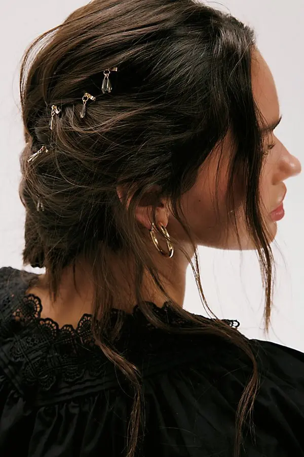 Free People Set Of 8 Embellished Hair Clips With Gemstone Detail - Greige