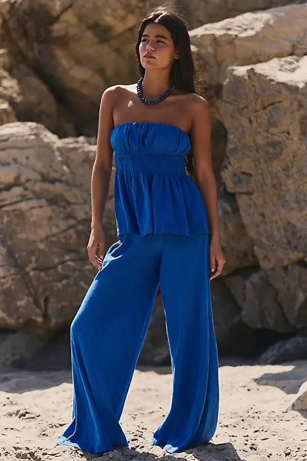 Free People Linen Strapless Peplum Top And Wide-leg Pants Set - Blue Starling