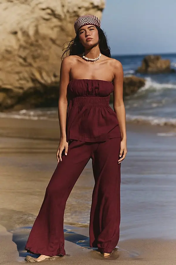 Free People Linen Strapless Peplum Set With Wide-leg Pants - Chocolate Truffle