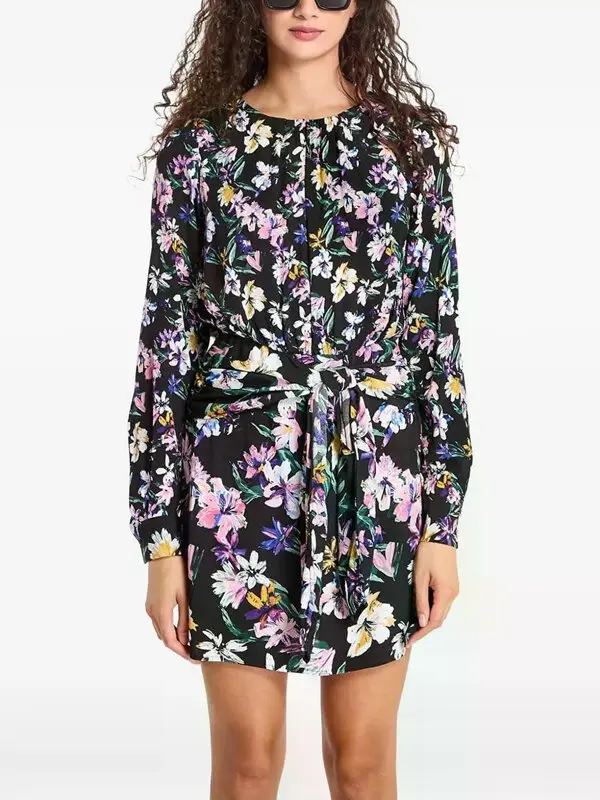 Desigual Floral Print Long Sleeve Tie Waist Dress - Black