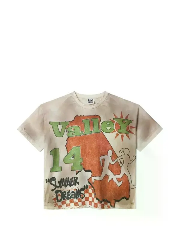 VALE FOREVER Running Club Graphic-print Distressed T-shirt - Neutrals