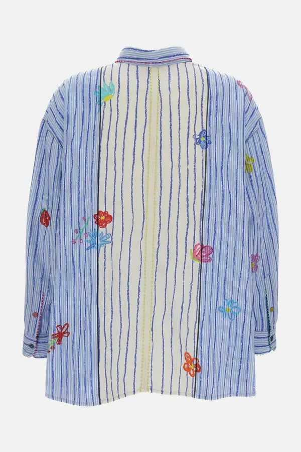Pero Cotton Shirt With Floral Embroidery And Vertical Stripes