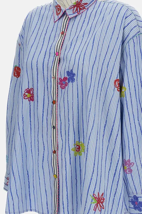 Pero Cotton Shirt With Floral Embroidery And Vertical Stripes