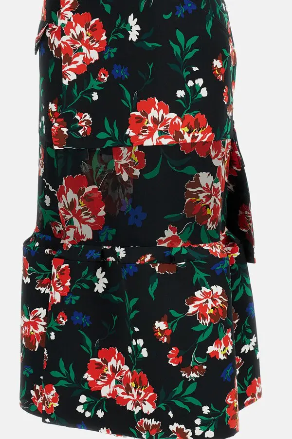 Sacai Floral Print Asymmetrical Ruffle Midi Skirt - Black