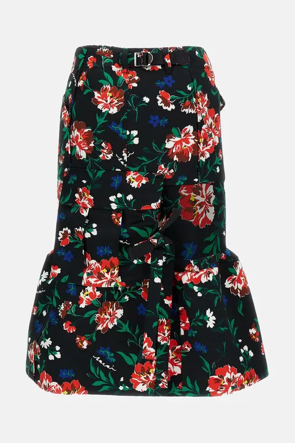 Sacai Floral Print Asymmetrical Ruffle Midi Skirt - Nero