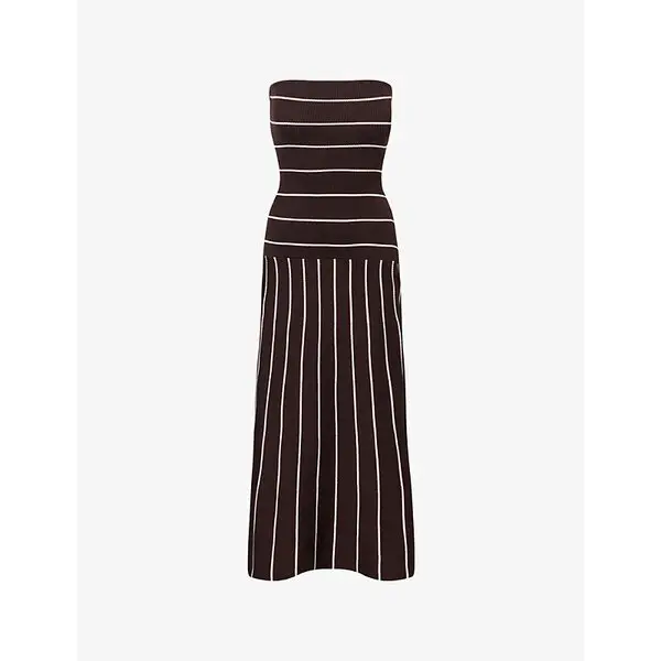 PRETTY LAVISH Strapless Knitted Midi Dress With Stripe Pattern - Brown