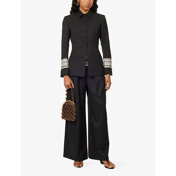ABADIA Tailored Collar Embroidered Cuff Wool-blend Blazer