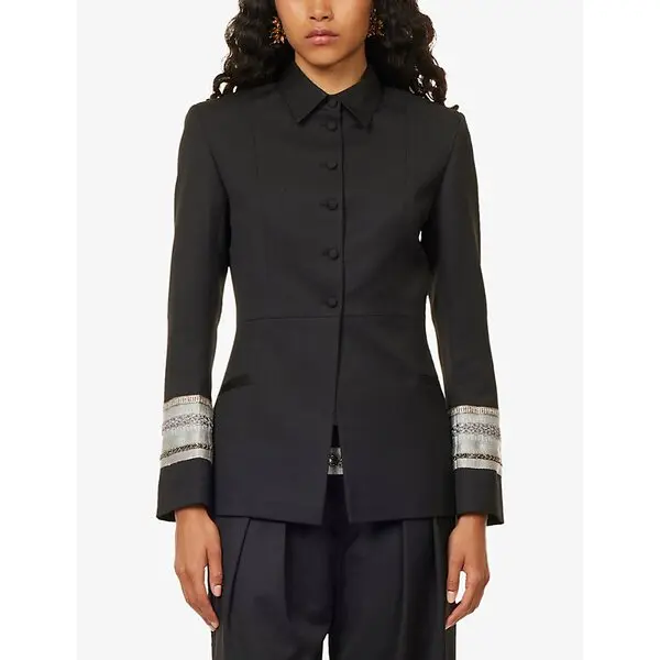 ABADIA Tailored Collar Embroidered Cuff Wool-blend Blazer