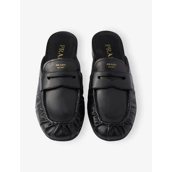Prada Ruched Leather Mules - Black