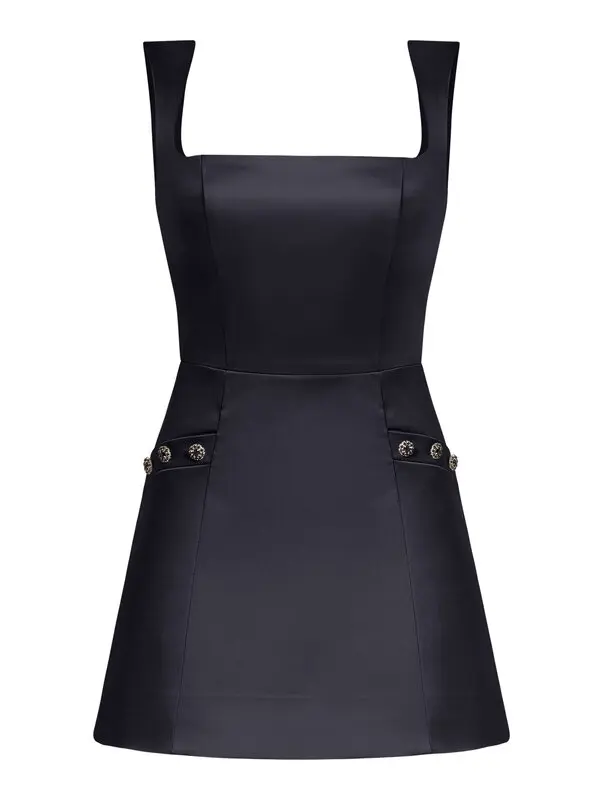 TIA DORRAINE Satin A-line Mini Dress With Decorative Pockets - Black
