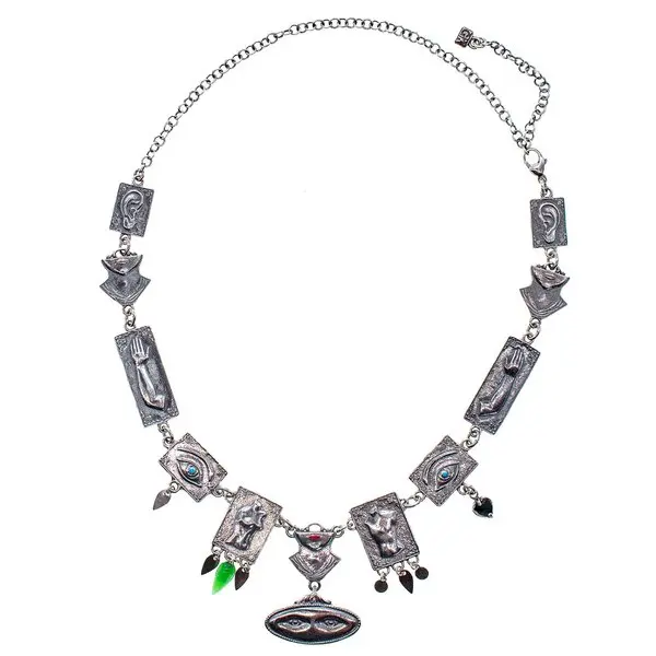 GEM KINGDOM Sterling Silver Ex Voto Charm Necklace With Green Composite Tiger Eye - Silver/green