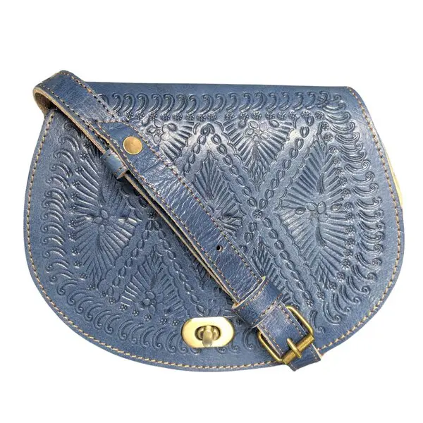BERBER LEATHER Temara Embossed Saddle Bag - Blue