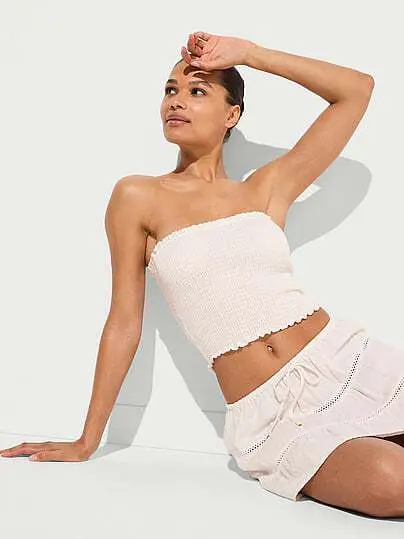 Victoria's Secret Smocked Cotton Strapless Tube Top - White,ivory