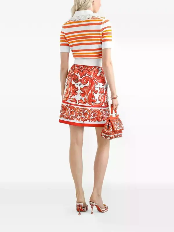 Dolce & Gabbana Striped Knit Polo Shirt With Feather Trim