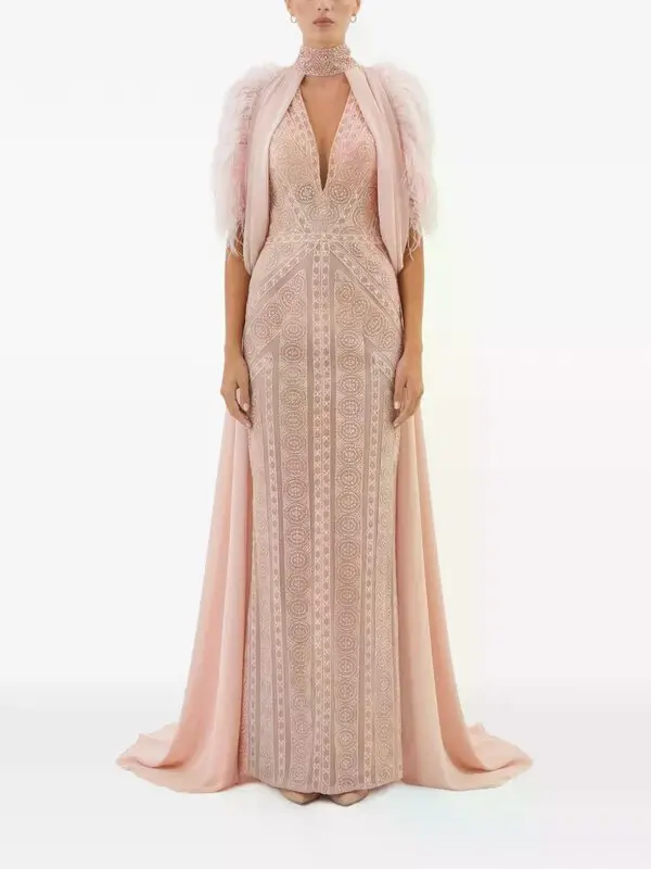 GATTINOLLI BY MARWAN Lace Feathered-trim Gown