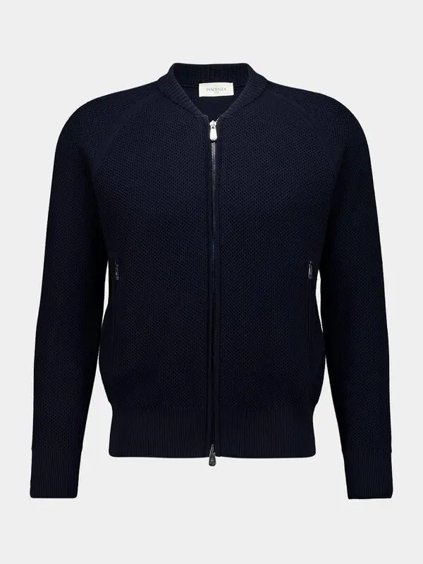 PIACENZA CASHMERE 1733 Navy Cotton Textured Zip-up Bomber Jacket - Blue
