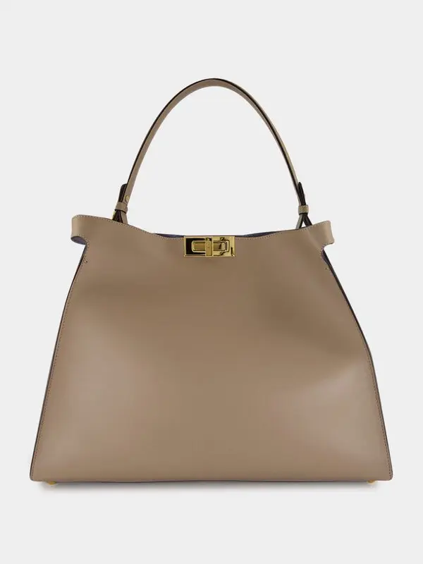 Fendi Large Dove Grey Calfskin Shoulder Bag With Gold-tone Turn Lock - Beige