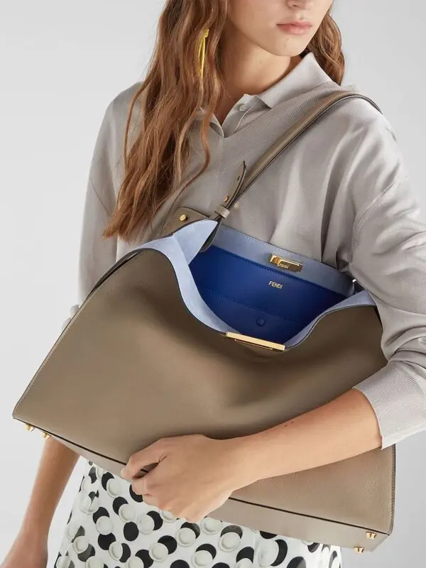 Fendi Large Dove Grey Calfskin Shoulder Bag With Gold-tone Turn Lock - Beige