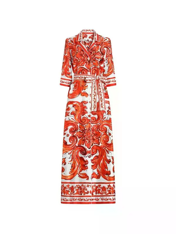 Dolce & Gabbana Majolica Print Belted Silk Coat - Red