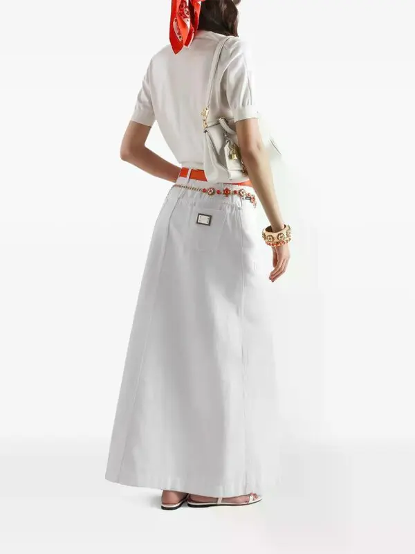 Dolce & Gabbana Long Denim Skirt With Front Slit And Logo Embroidery