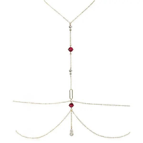 STUDIO BALOGE Gold-filled Body Chain With Ruby Red Gemstones And Crystal Pendant - Red/gold