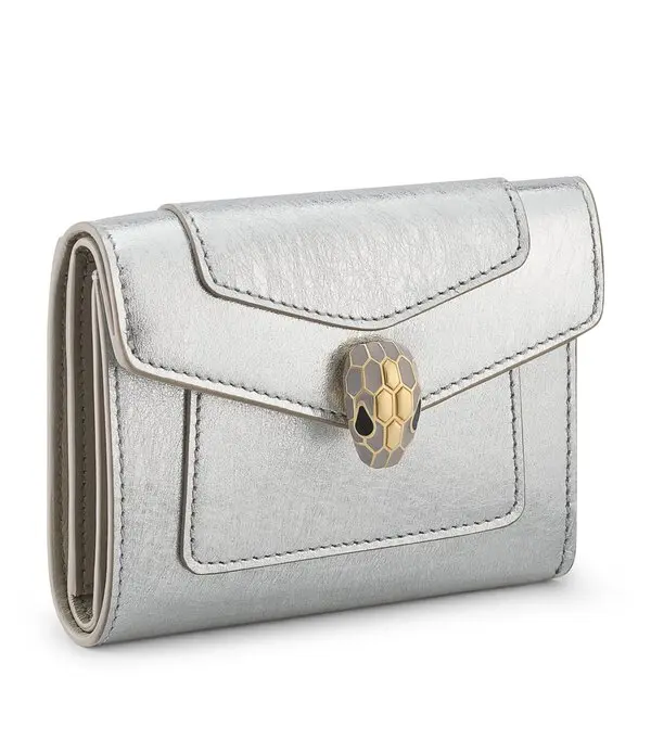 BVLGARI Metallic Leather Serpenti Forever Compact Wallet - Silver