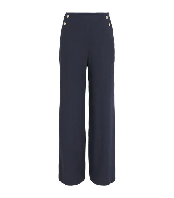 Maje Linen-blend Wide-leg Trousers With Decorative Buttons - Blue