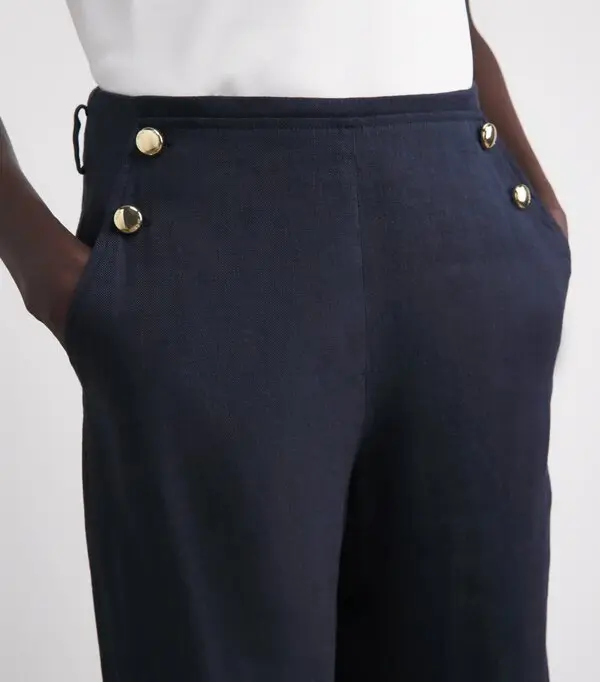 Maje Linen-blend Wide-leg Trousers With Decorative Buttons - Blue