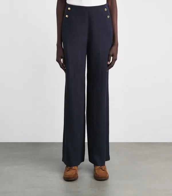 Maje Linen-blend Wide-leg Trousers With Decorative Buttons - Blue