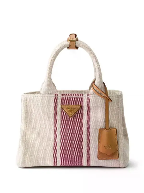 Prada Jardinière Small Cotton Canvas Bag With Striped Motif - Neutrals