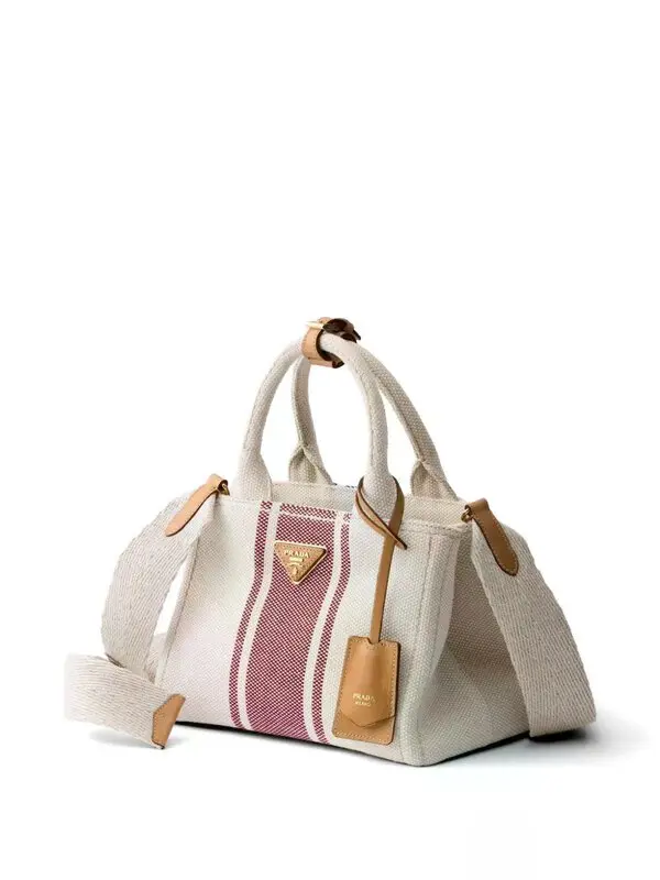 Prada Jardinière Small Cotton Canvas Bag With Striped Motif - Neutrals