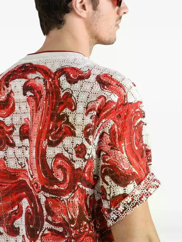 Dolce & Gabbana T-shirt In Majolica-print Broderie Anglaise Lace - Red