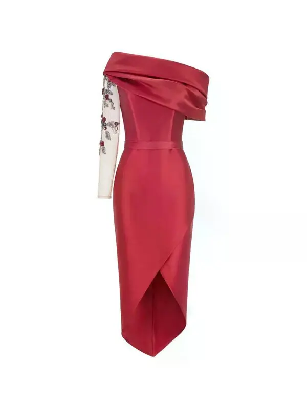 GATTINOLLI BY MARWAN Embroidered Sleeve Wrap Midi Dress - Red