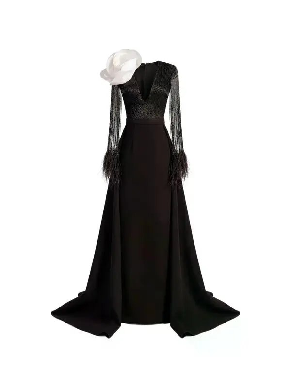 GATTINOLLI BY MARWAN Flower-detail Fringed Mermaid Gown - Black