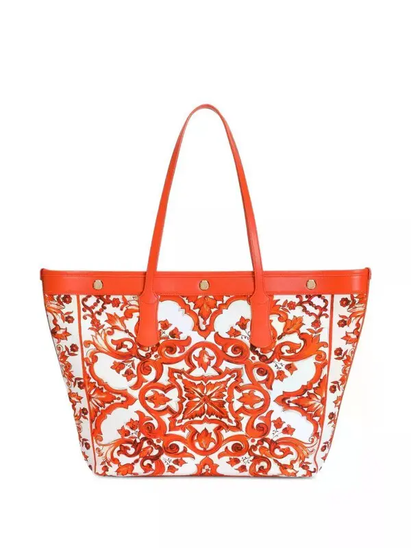 Dolce & Gabbana Atene Shopping Bag In Majolica-print Canvas - Orange