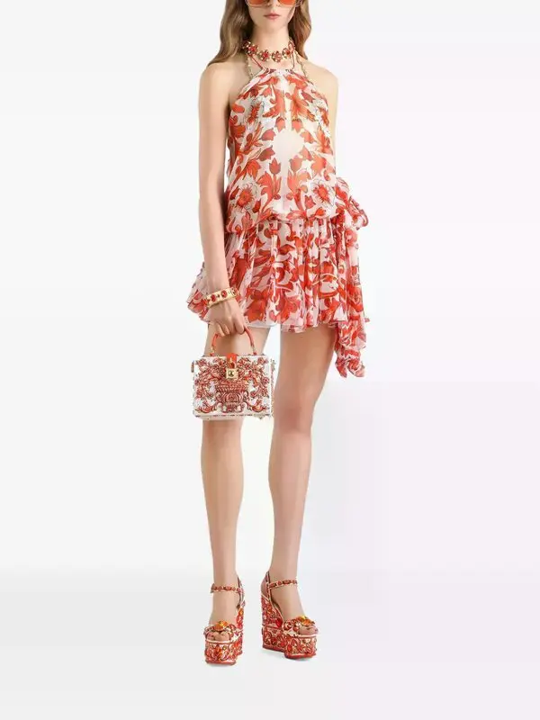 Dolce & Gabbana Majolica-print Chiffon Halterneck Mini Dress - White