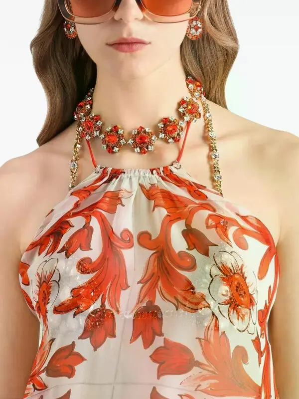 Dolce & Gabbana Majolica-print Chiffon Halterneck Mini Dress - White