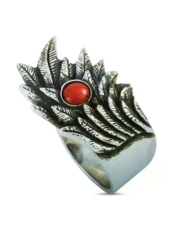 KING BABY STUDIO Sterling Raven Feather Ring With Coral