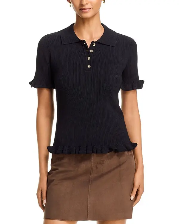 T Tahari Ribbed Knit Polo With Ruffle Trim - Black