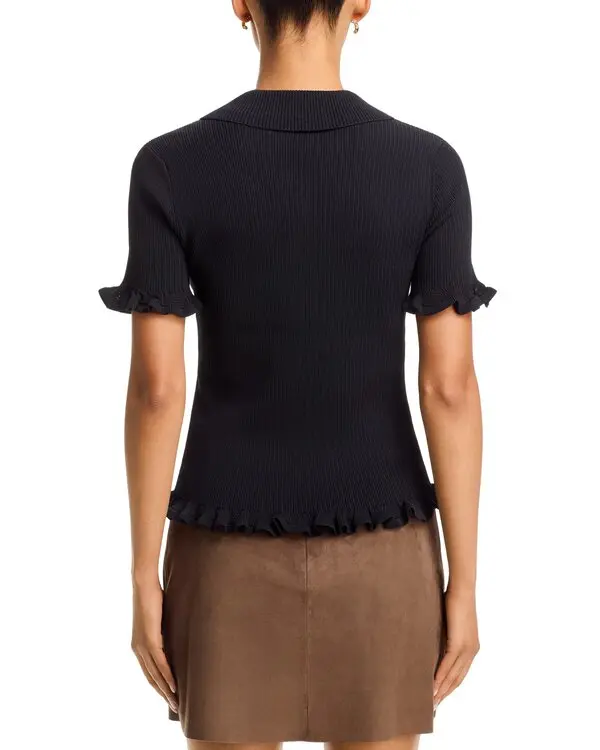 T Tahari Ribbed Knit Polo With Ruffle Trim - Black