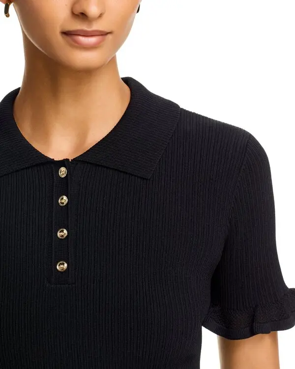 T Tahari Ribbed Knit Polo With Ruffle Trim - Black