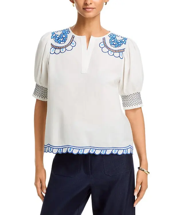 T Tahari Split V-neck Embroidered Blouse