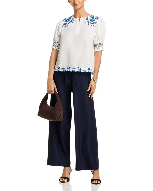 T Tahari Split V-neck Embroidered Blouse
