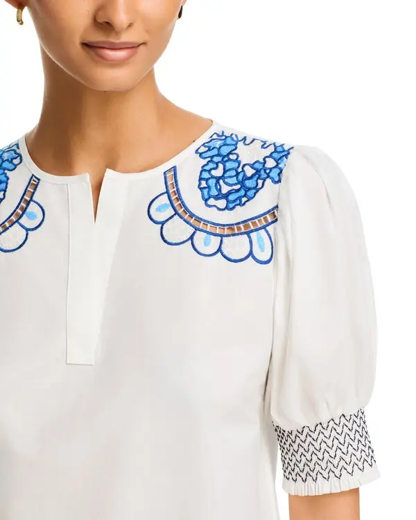 T Tahari Split V-neck Embroidered Blouse