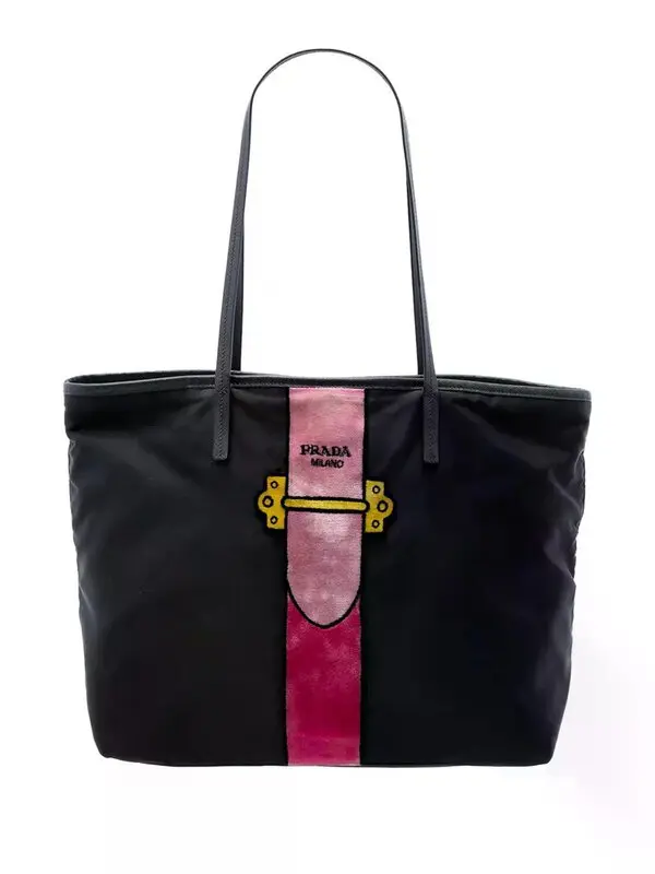 Prada Tessuto Velvet Embroidery Trompe L'oeil Tote Bag - Black