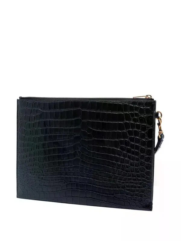 Saint Laurent Croc Embossed Leather Tiny Monogram Zipped Tablet Holder - Black