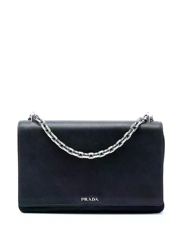 Prada Saffiano Lux And Tessuto Chain Crossbody Bag - Black