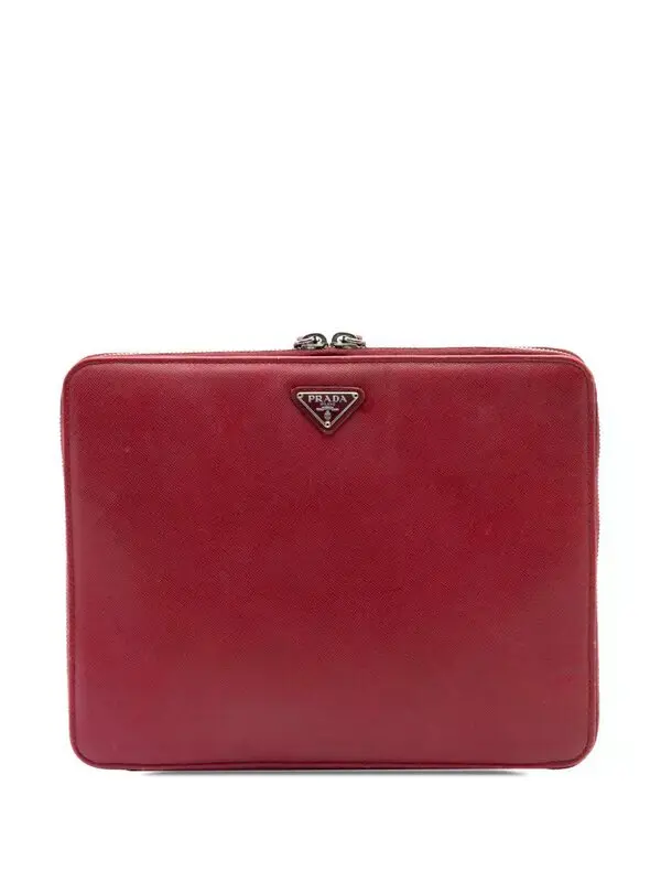 Prada Saffiano Leather Zip Around Ipad Case Clutch Bag - Red